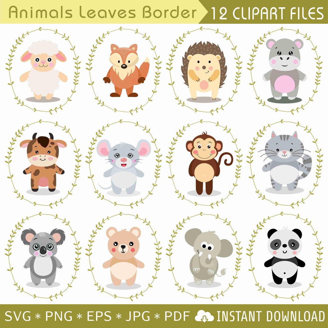 Animals Leaves Oval Border Set Digital Collage, Vector Clip Art Pack ...