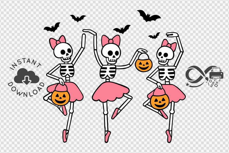 Cute Skeleton Ballerinas Clipart, Pink Halloween Ballet Dancers, Trick ...