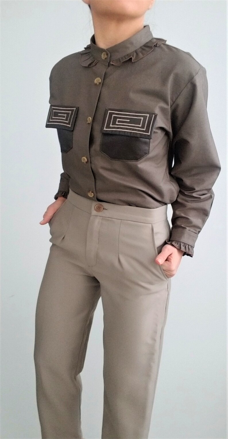 Elegant Brown Blouse-ruffle Neck Blouse-shirt With Embroidery-work ...