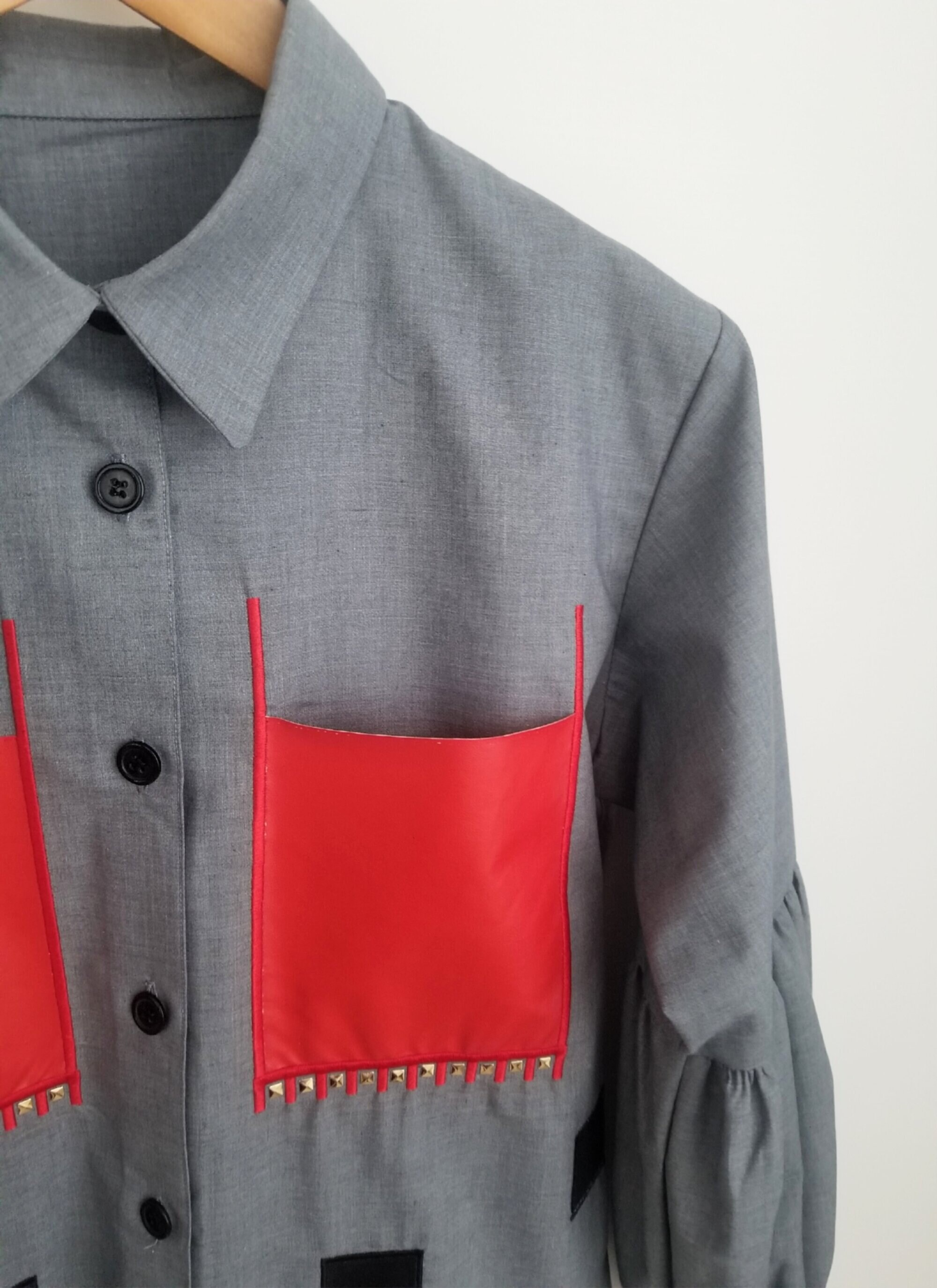 Gray Shirt for Women-embroidered Red Pockets-ballon Sleeve Blouse ...