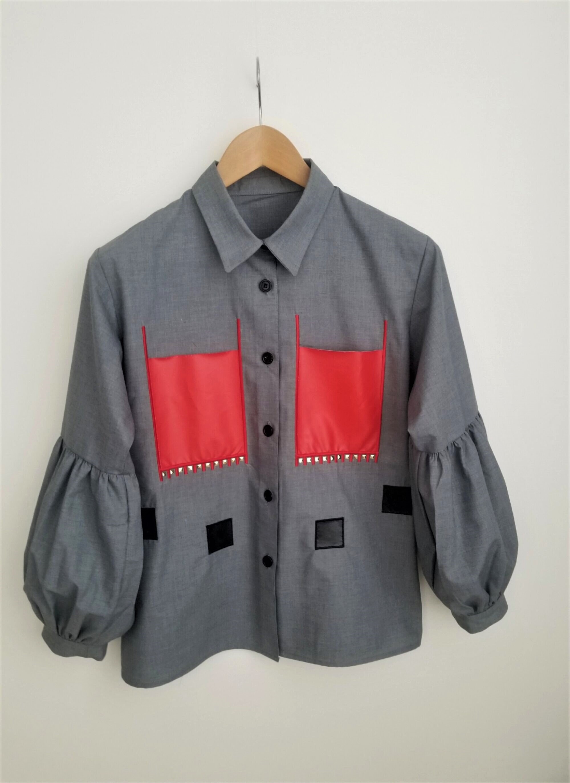 Gray Shirt for Women-embroidered Red Pockets-ballon Sleeve Blouse ...