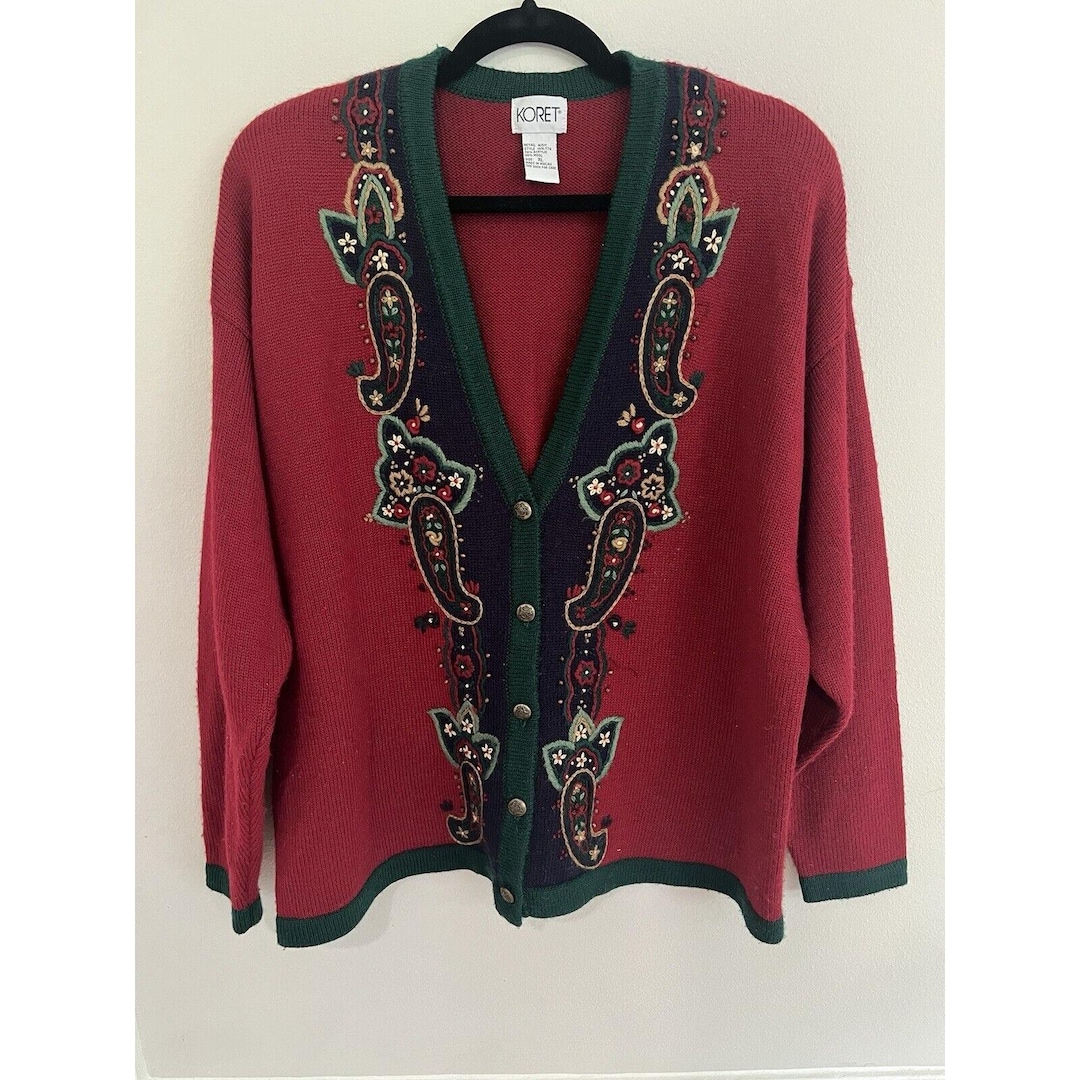 Koret Vintage Wool Blend Women’s Red Multi Paisley Cardigan Sweater ...