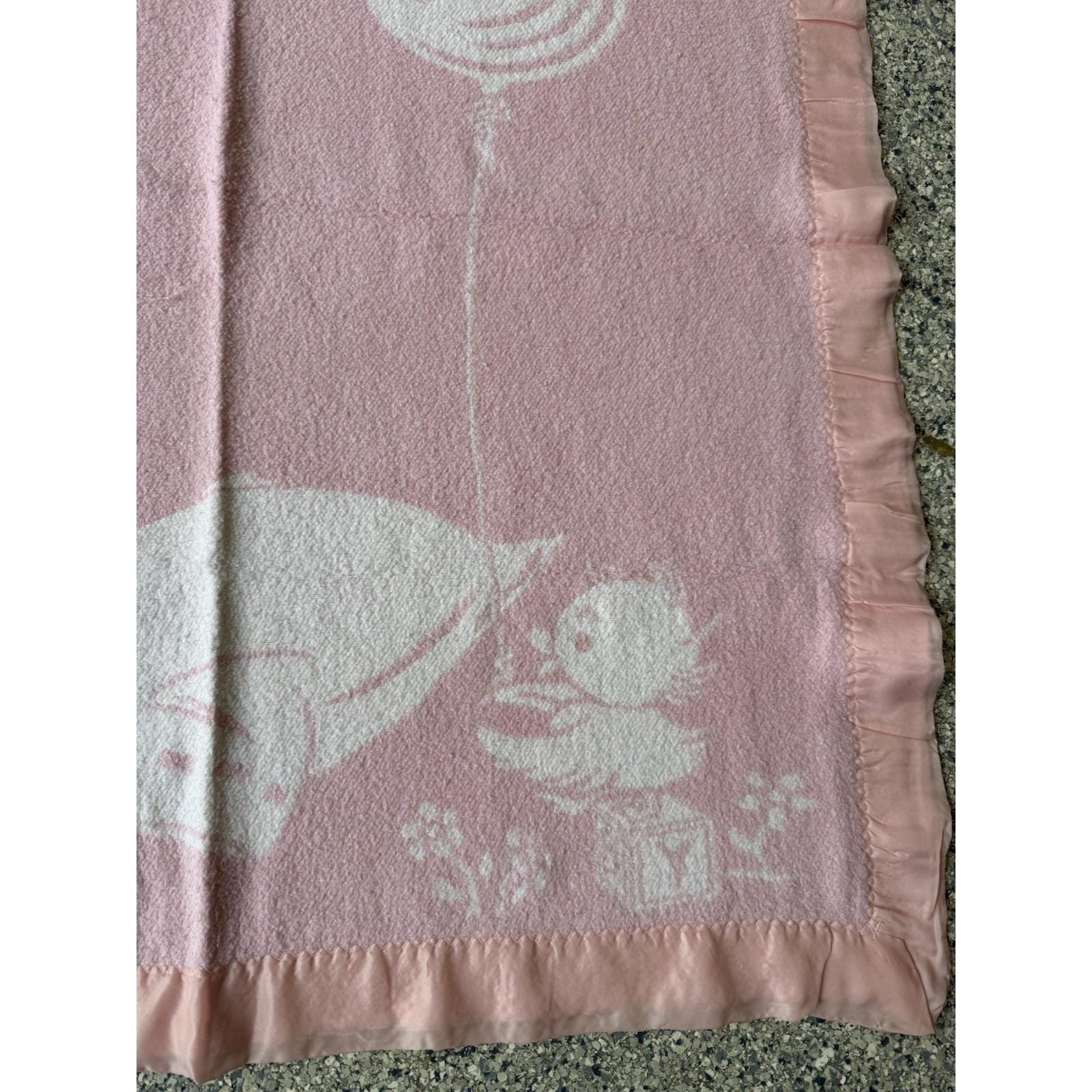 Vintage Double Sided Baby Ducks Blocks Blanket Pink White Satin Trim ...