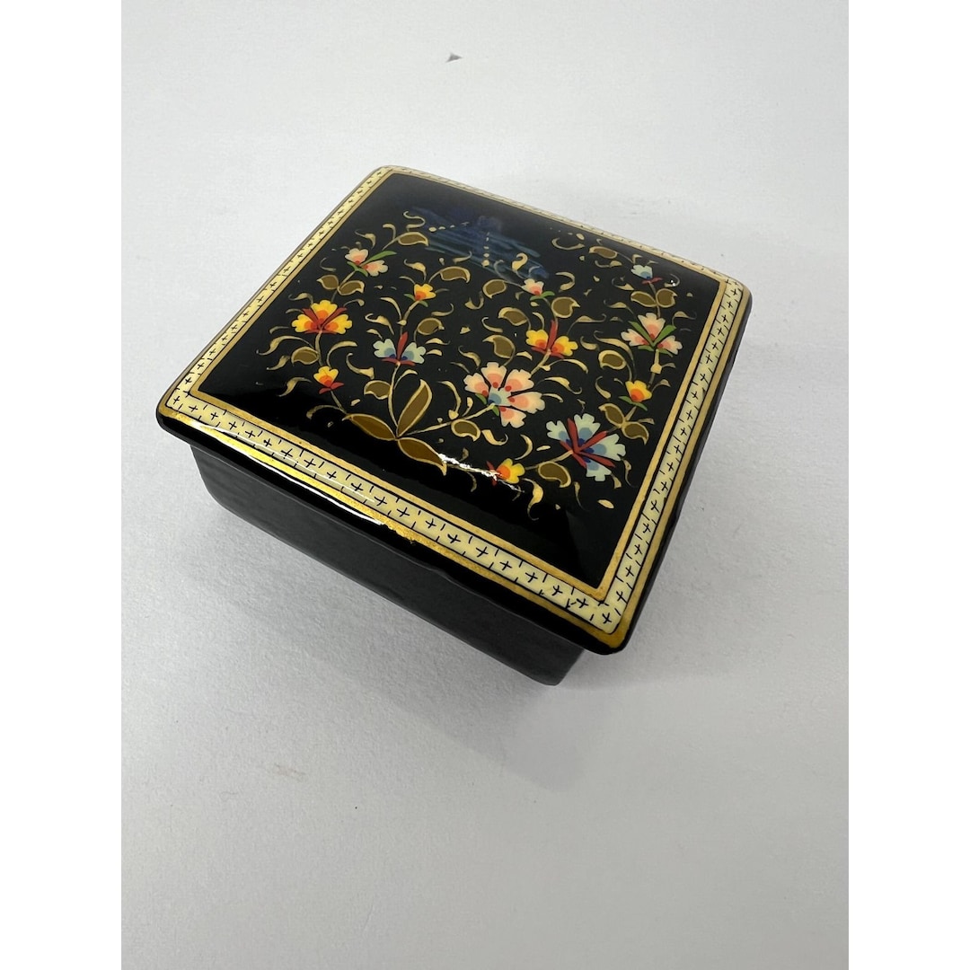 Vintage Hand Painted Russian Lacquered Trinket Box 3' Square Floral ...