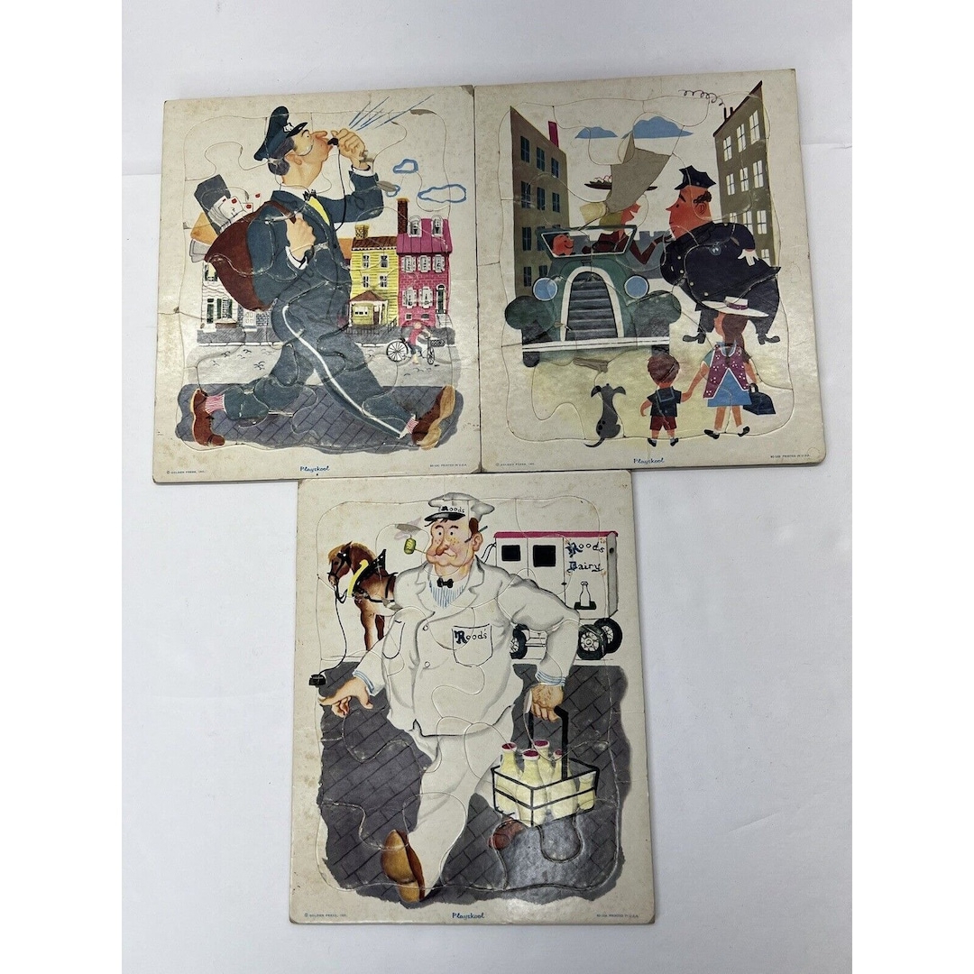 Vintage Lot of 3 Playskool Puzzles Milkman Mailman Policeman Scene USA ...