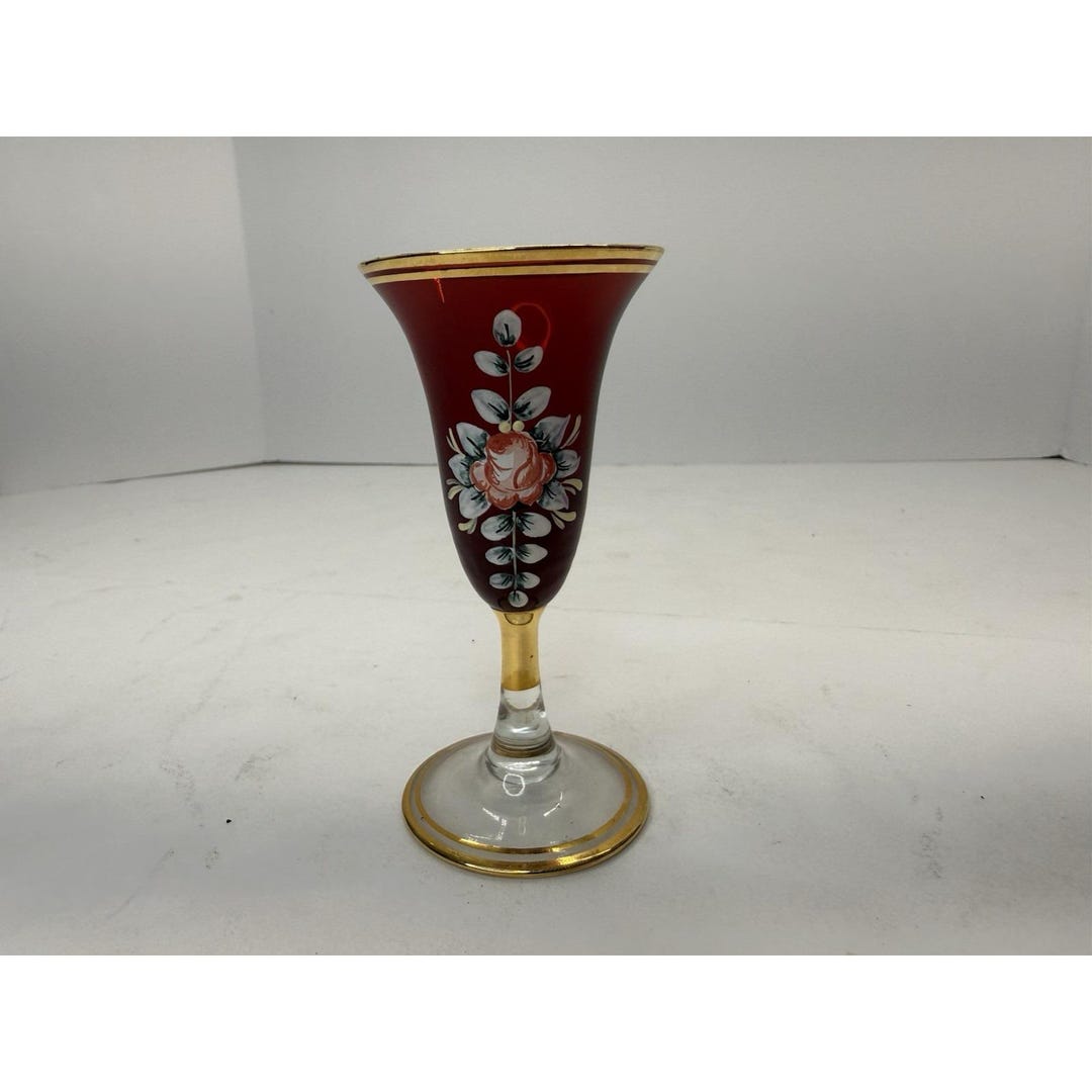 Vintage Ruby Red Hand Painted Cordial Stemmed Glass Gold Trim Made in ...