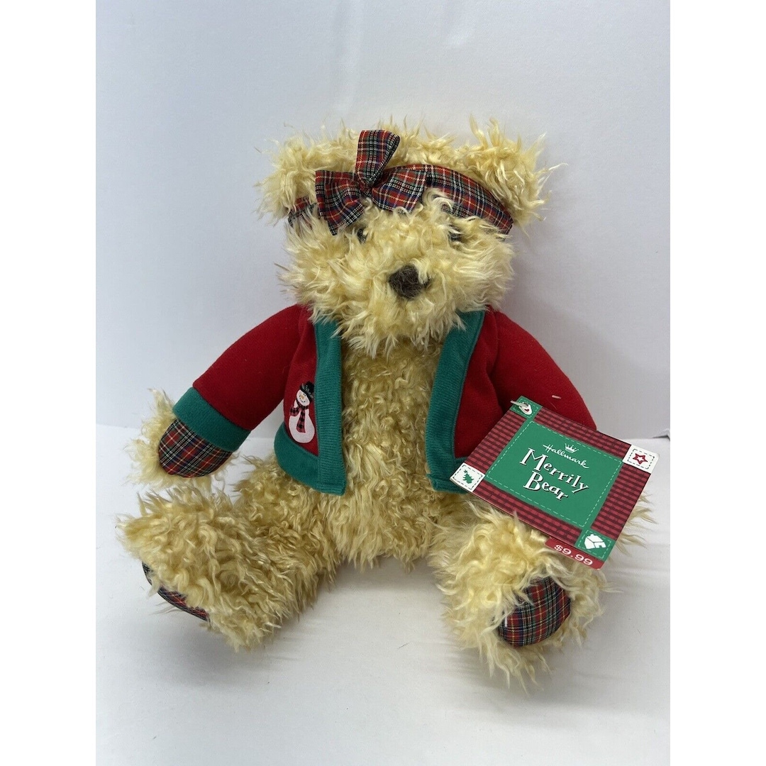 Hallmark Plush Toy Merrily Teddy Christmas Bear Snowman Sweater Flannel ...