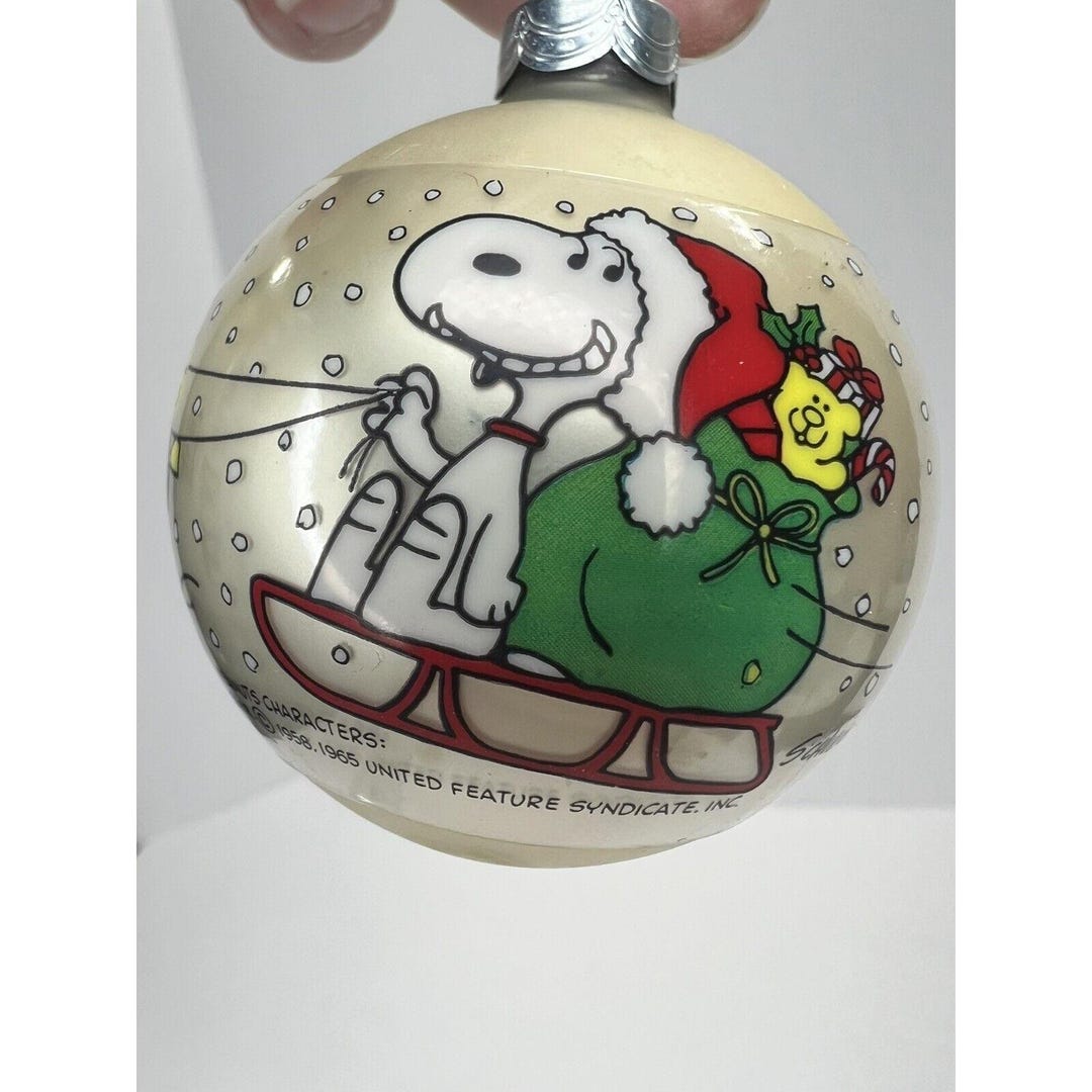 Vintage Snoopy Sleigh Woodstock Peanuts Hallmark Glass Christmas Ball ...