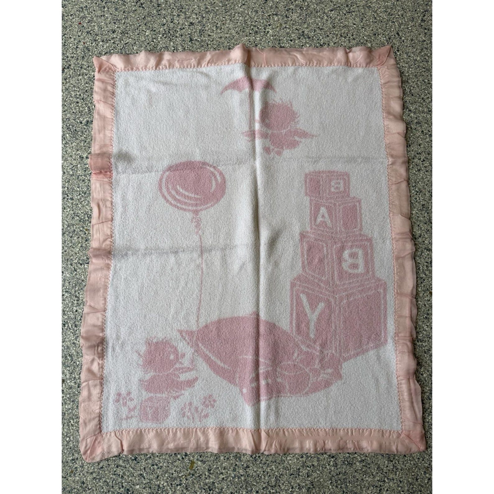 Vintage Double Sided Baby Ducks Blocks Blanket Pink White Satin Trim ...