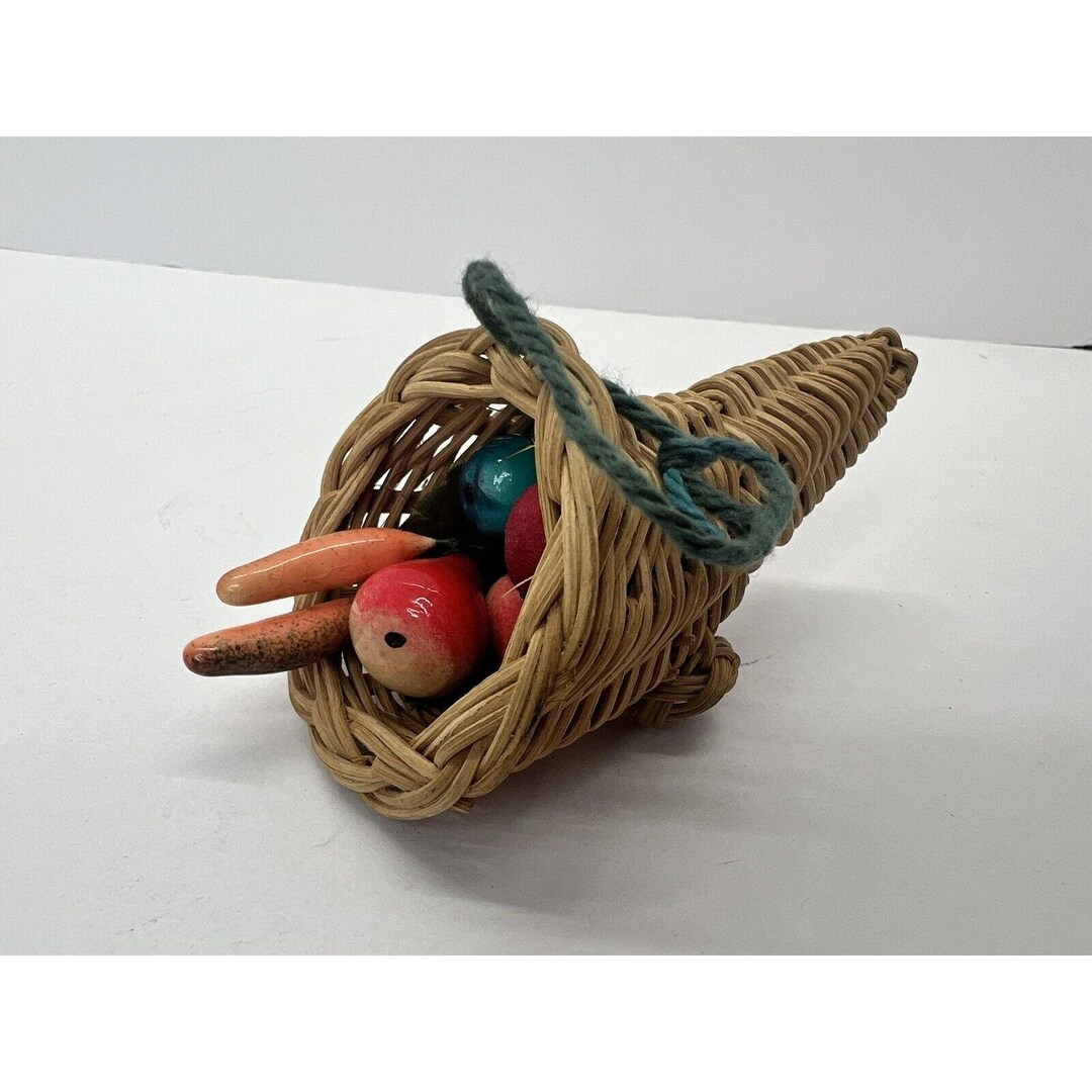 Vintage Cornucopia Wicker Ornament 4 Inch With Mixed Fruits ...