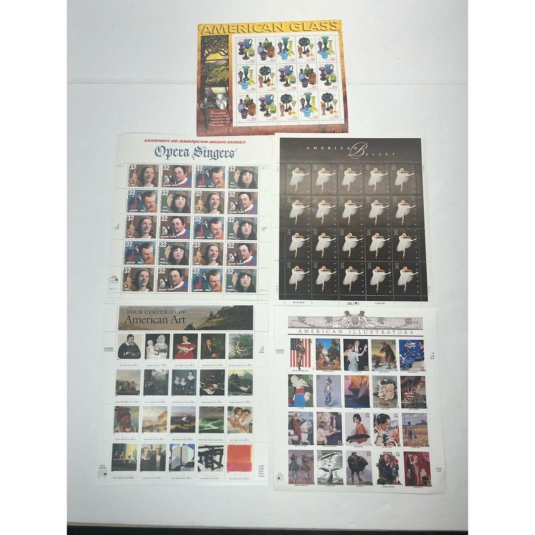 USPS American Art, Opera Singers, Ballet, and Glass Lot of 5 Full Stamp ...