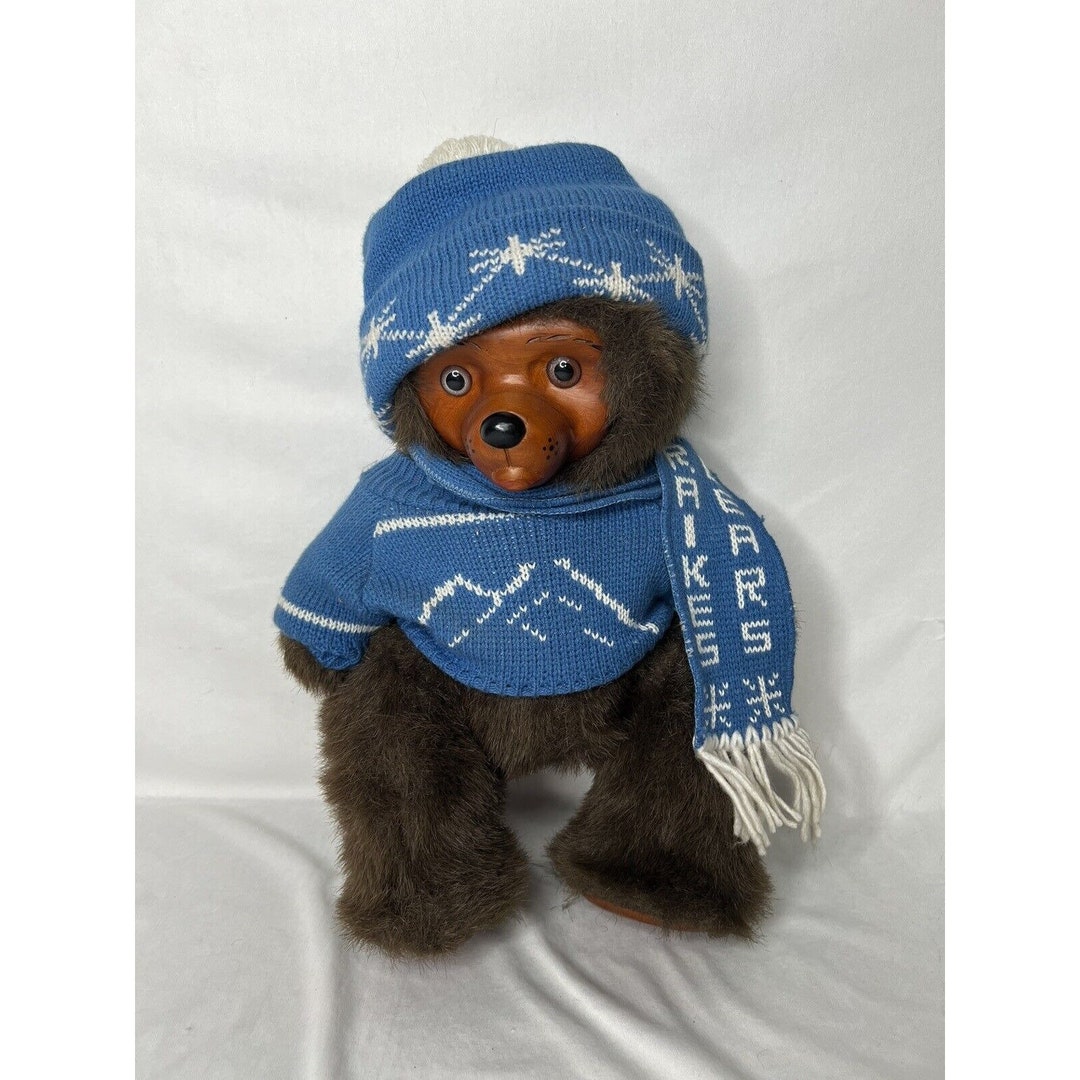 Robert Rakies 1985 Wood Teddy Bear Blue Ski Sweater Hat Scarf 16 ...