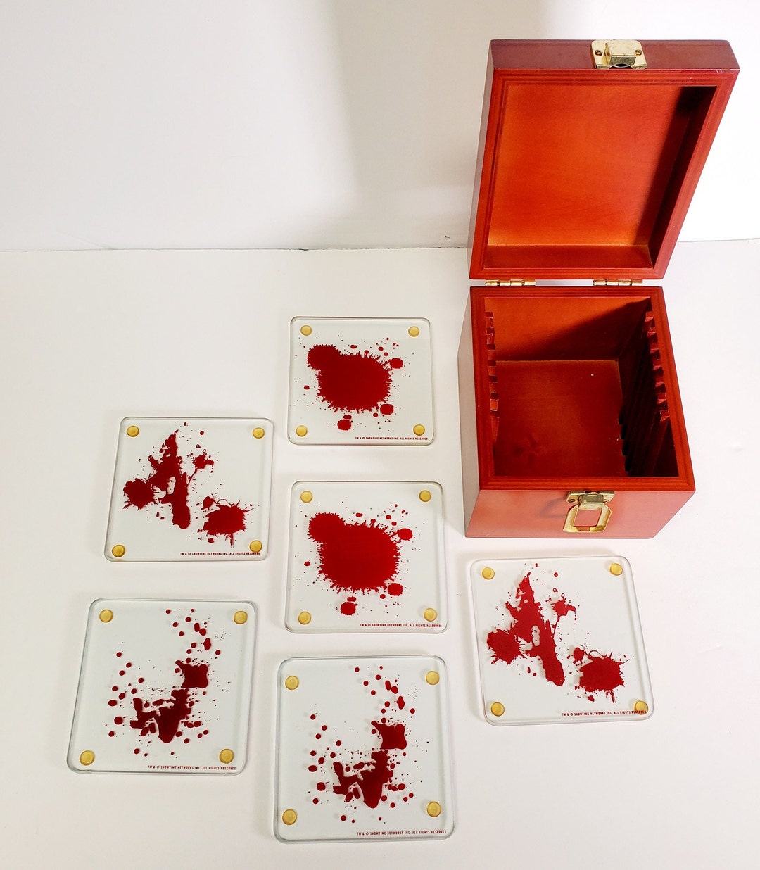 DEXTER Set of 6 'blood Splatter Slides' Glass Coasters in Wooden ...