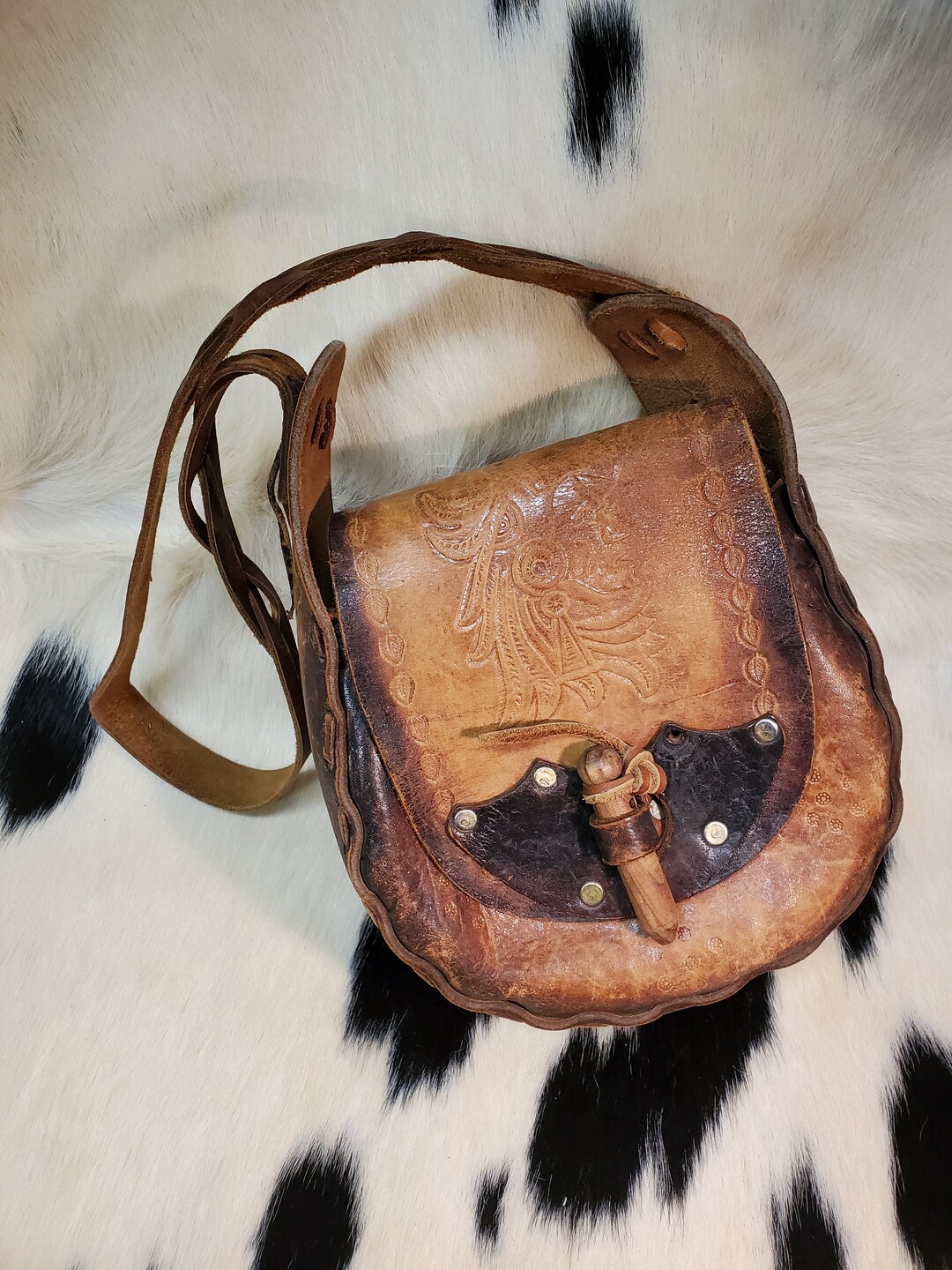 VTG 70s Artisan Hand Tooled Leather Saddle Shoulder Purse Native ...