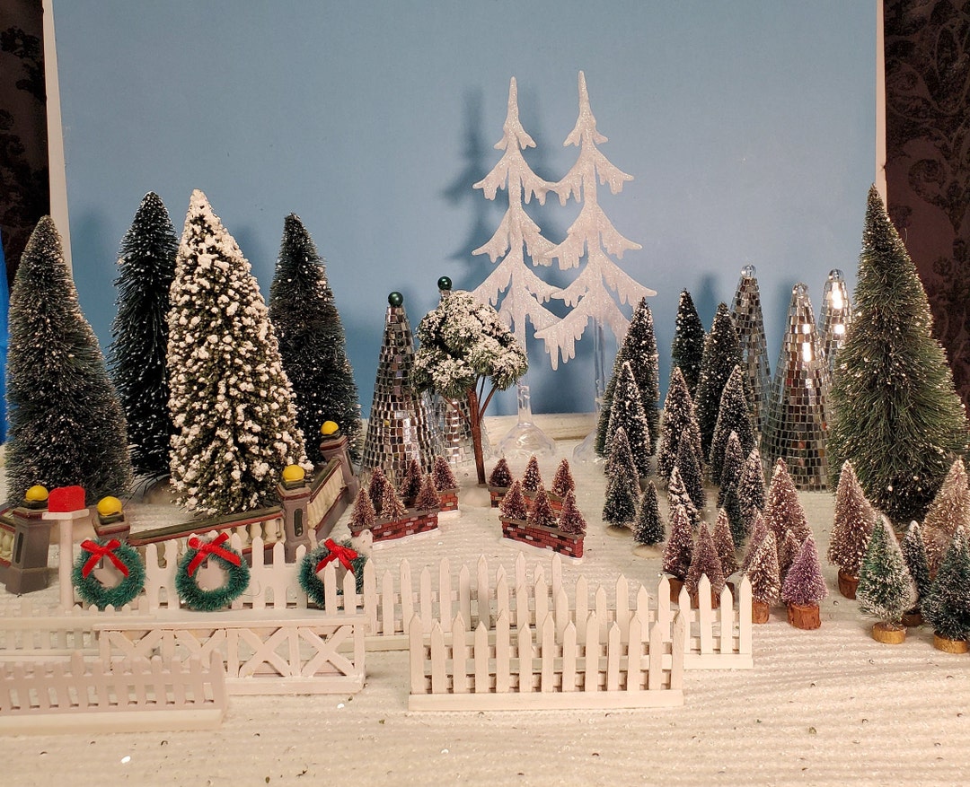 XMAS VILLAGE ACCESSORIES Sold in Sets: Bottle Brush/mirror Glass/snowy ...