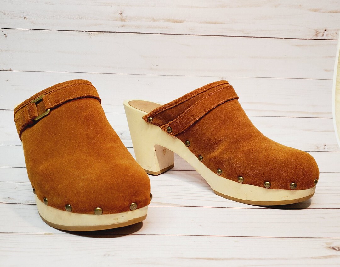 GAP 70s Style Wooden Clog in Brown/tan Suede Studded/buckle/ Pale Wood ...