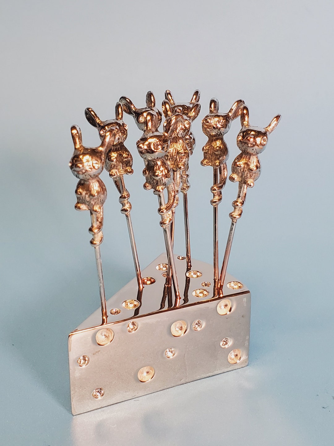 VGT SILVER PLATED 'cheese Wedge & 8 Mice Cocktail Picks' Set Rhinestone ...