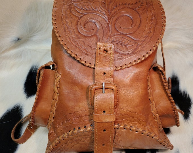 VTG Tooled Tan Leather Backpack Front Buckle Closing/2 Adjustable ...