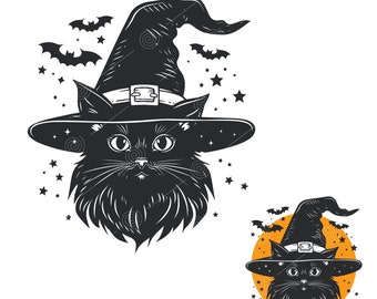 Witch Black Cat SVG, Halloween Black Cat Svg Png, Witch Hat Svg ...