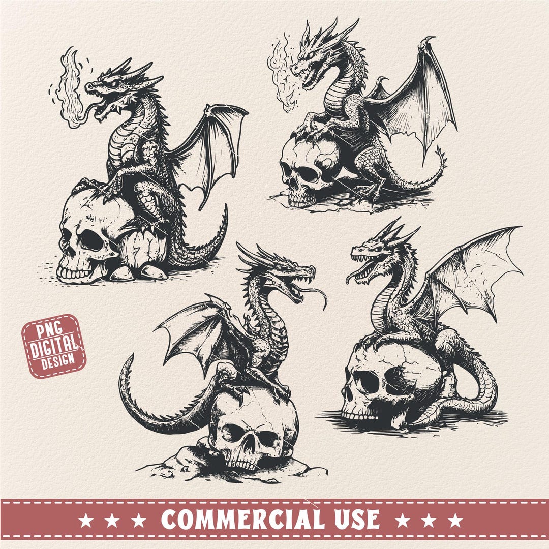 Dragon and Skull Svg Png Bundle, Dragon Svg, Vinatge Dragon Svg, Skull ...
