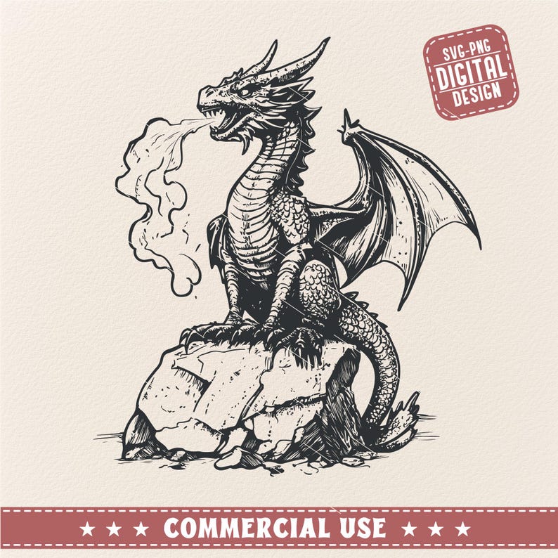 Dragon on the Rock Svg Bundle, Dragon Svg, Vinatge Dragon Svg, Rock Svg ...