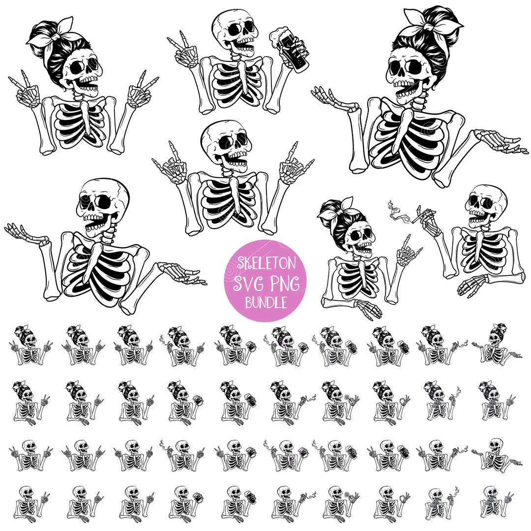 Messy Bun Skeleton SVG PNG Bundle, Skeleton Clipart Bundle, Momlife Svg ...