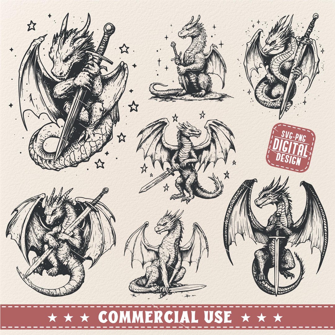 Mythical Dragon and Sword, Dragon With Sword Svg, Vinatge Dragon Svg ...