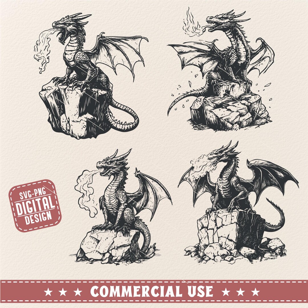 Dragon on the Rock Svg Bundle, Dragon Svg, Vinatge Dragon Svg, Rock Svg ...