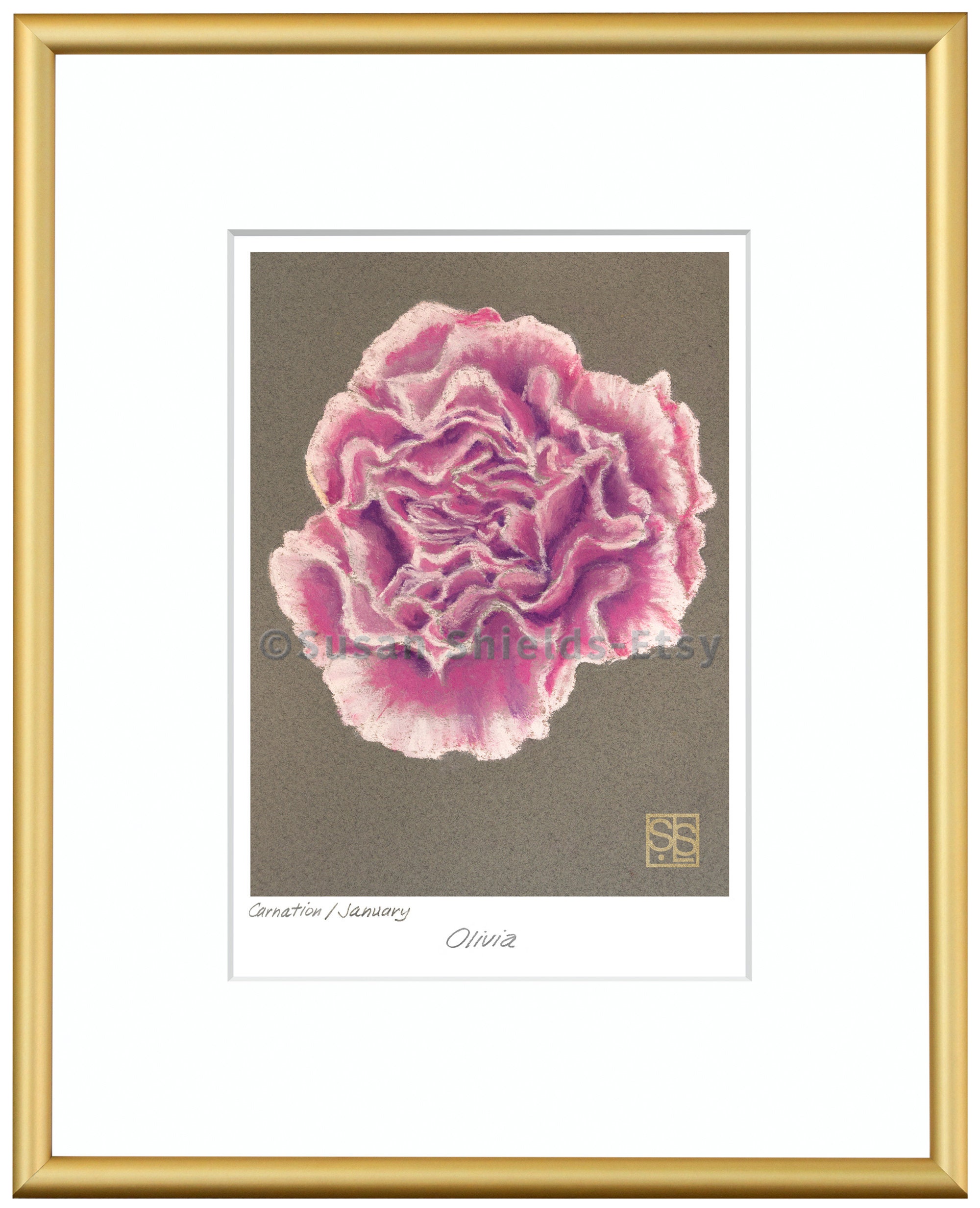 January Birth Month Flower Art Print Pink Carnation Painting | Etsy