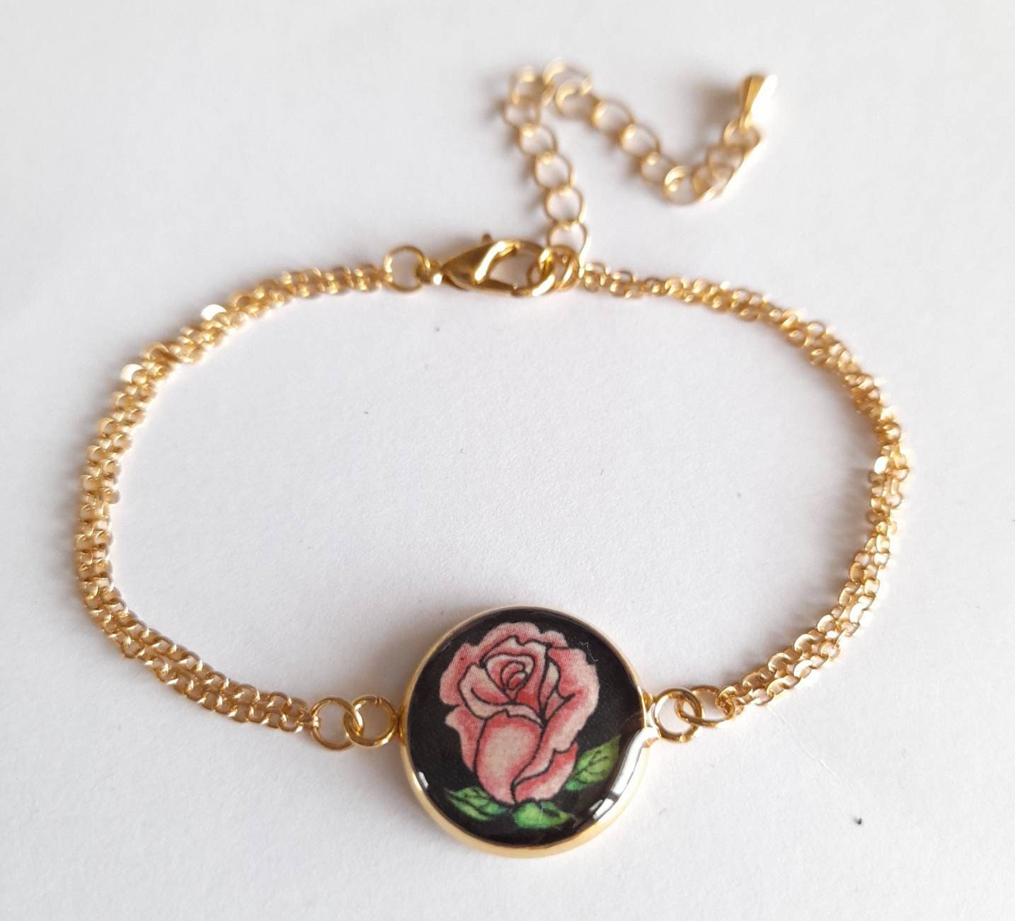 Hand Painted Pink Rose Bracelet on Gold Chain Pink Rose - Etsy