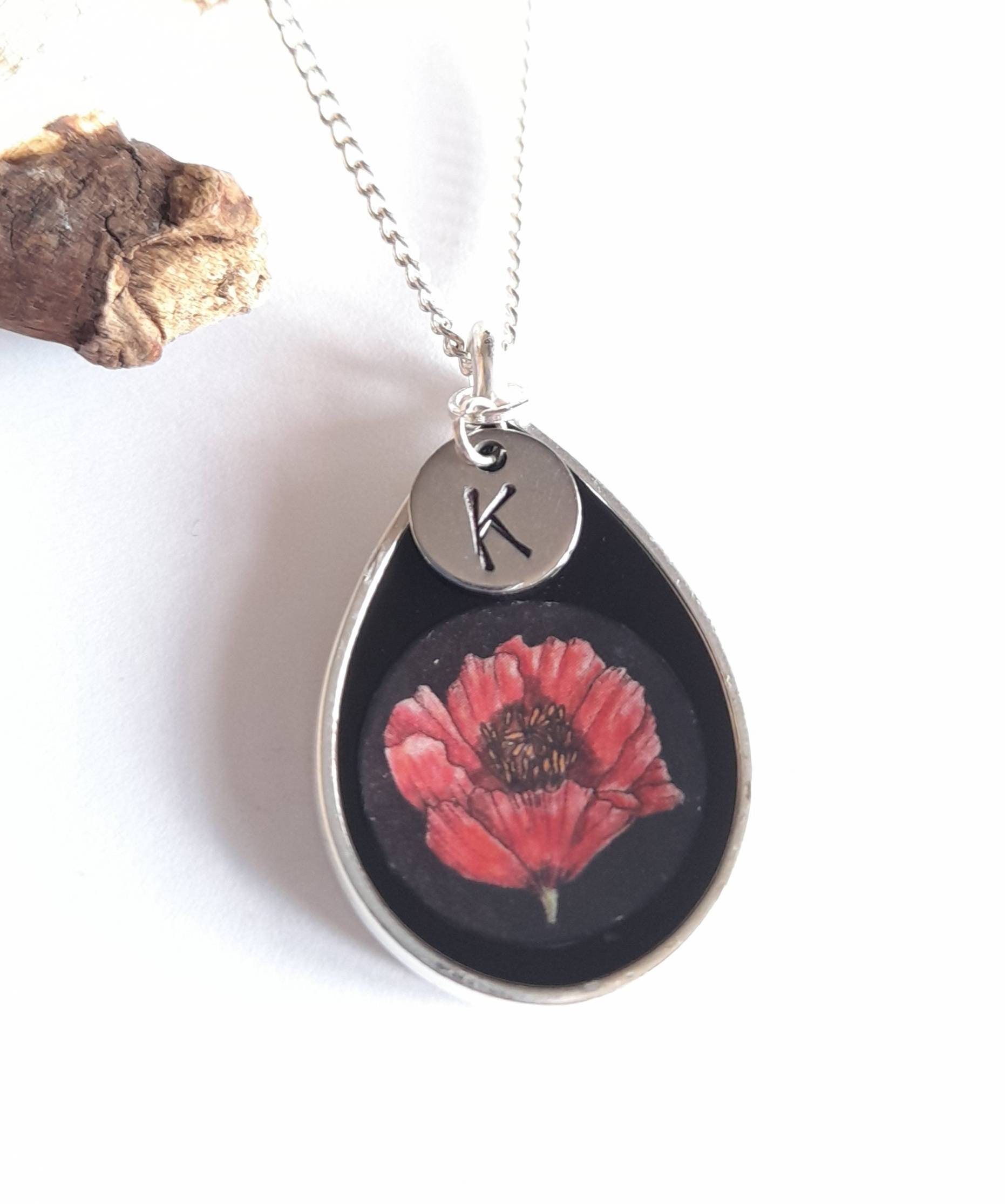 Personalised Hand Painted Poppy Resin Pendant on Silver Chain - Etsy UK