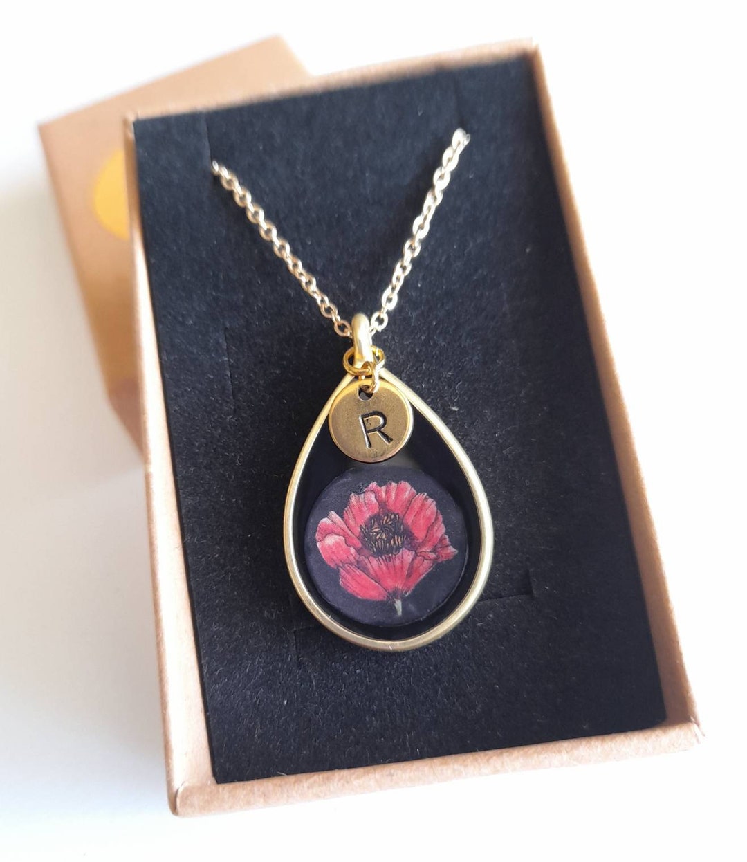 Personalised Hand Painted Poppy Resin Pendant on Gold Chain-poppy ...