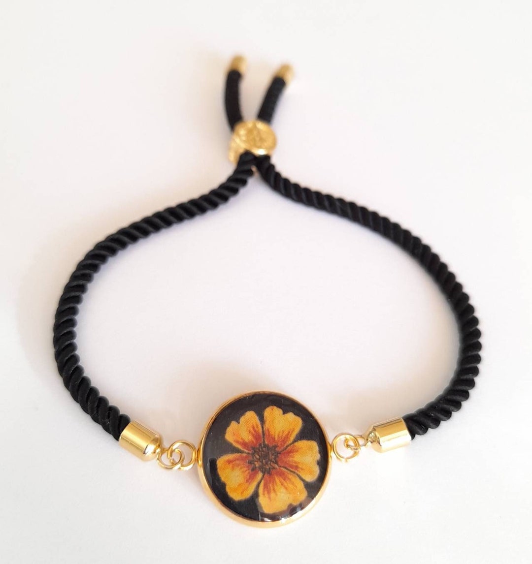 Hand Painted Marigold on Black Cord Bracelet, Flower Gold Bracelet ...