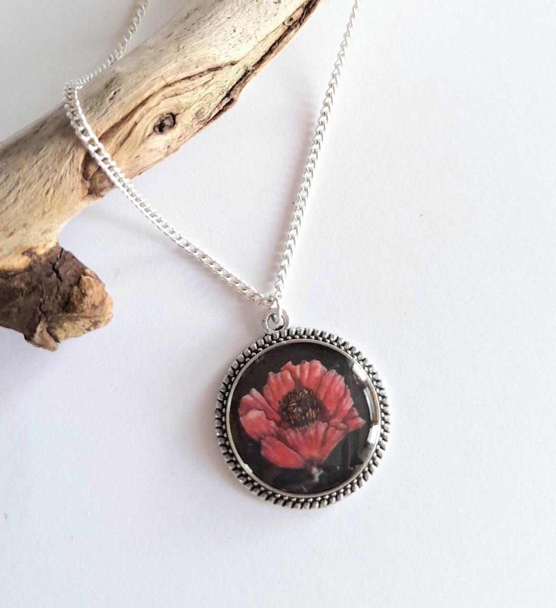 Hand Painted Poppy Resin Pendant on Silver Chain, Tibetan Style Silver ...