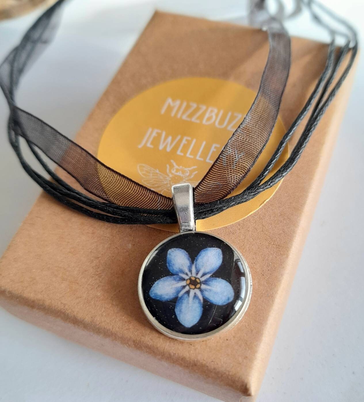 Hand Painted Forget Me Not Resin Pendant on Ribbon and Cord Necklace ...