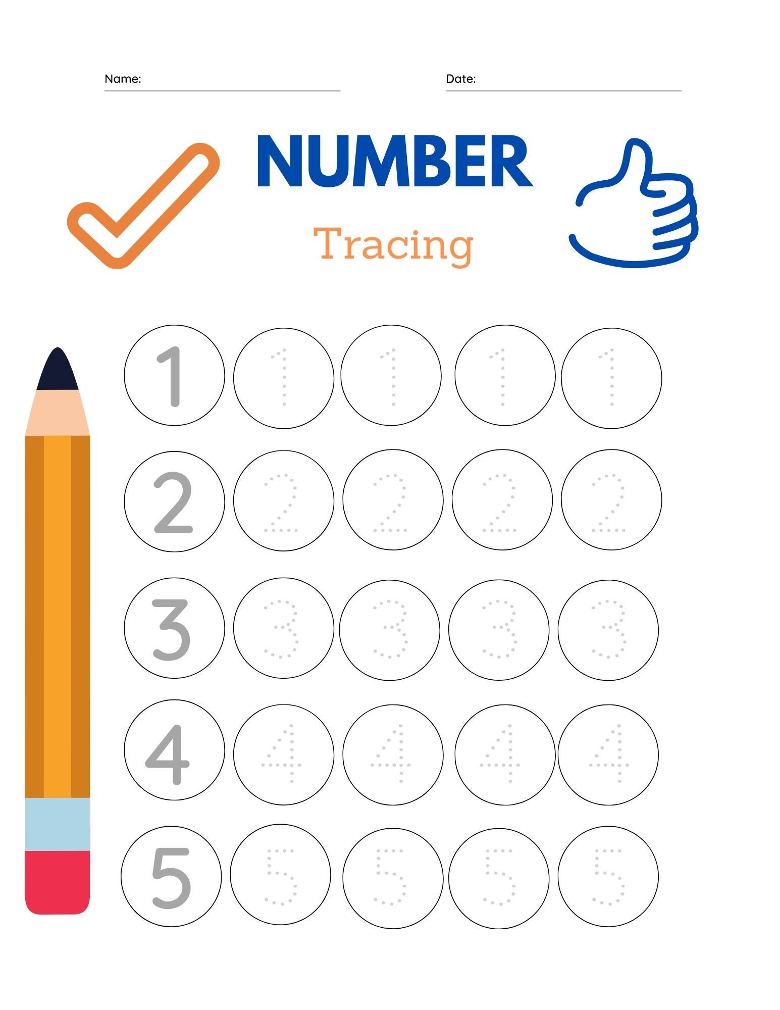 Number Tracing One Through 5 Printable Worksheet Kindergarten | Etsy