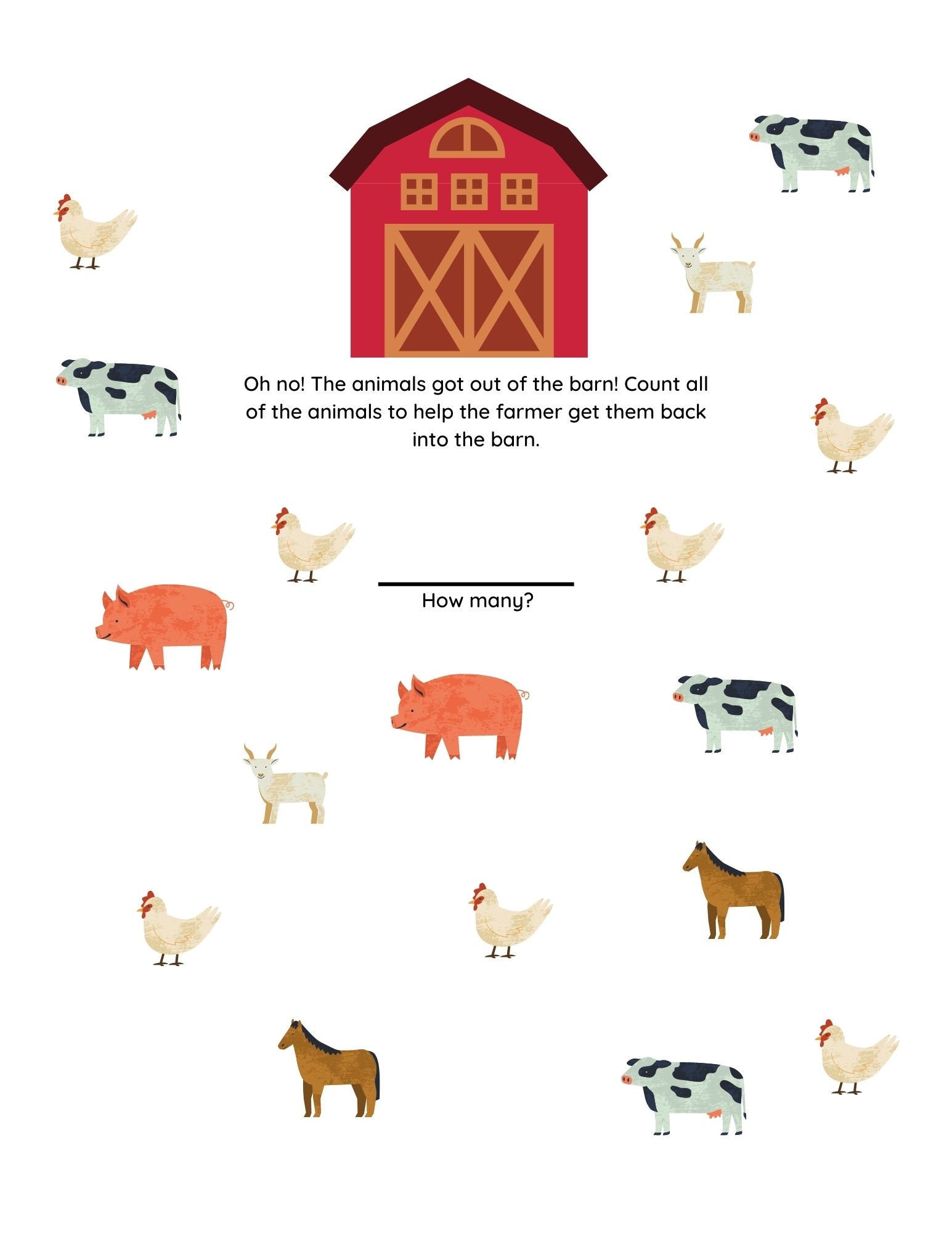 Farm Animal Counting Homeschool Printable Worksheet for School | Etsy