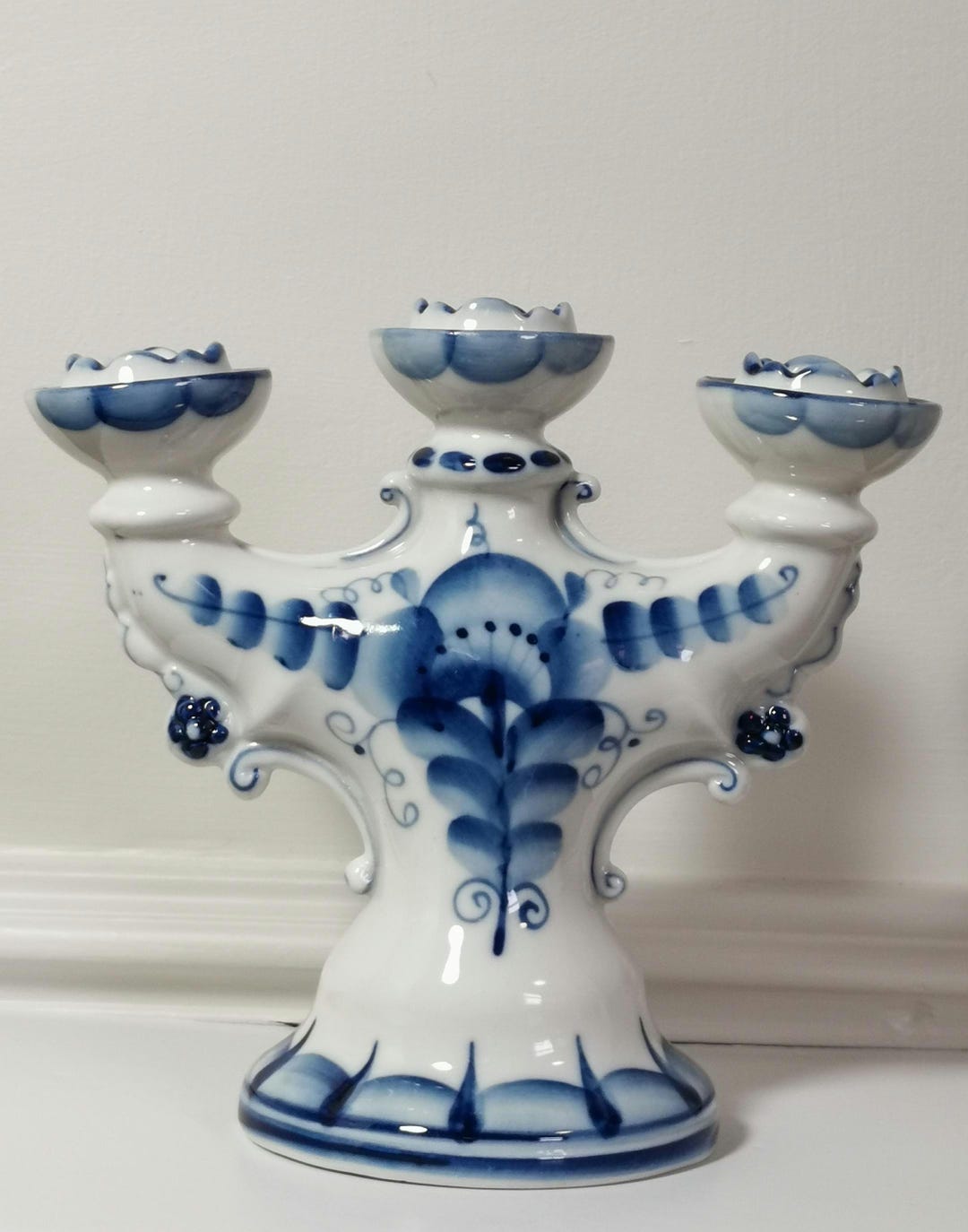 Blue and White Hand Painted Vintage Candle Holder Russian Candelabra in ...