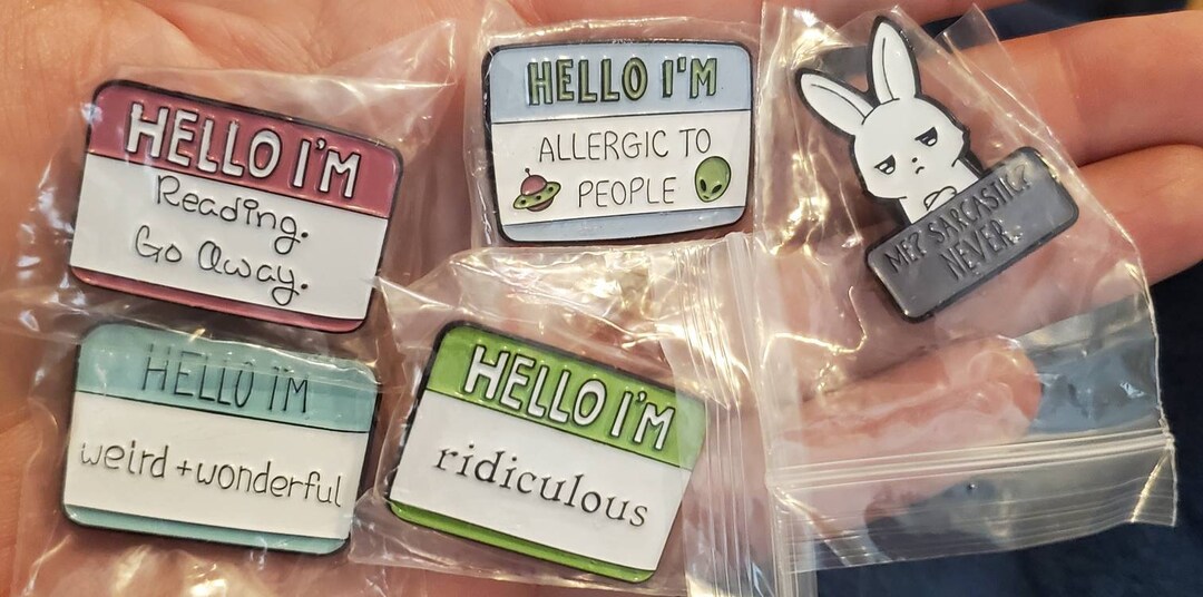 7 Styles Pin Back Pins. Hello I'm and Sarcastic Rabbit Enamel Pin ...