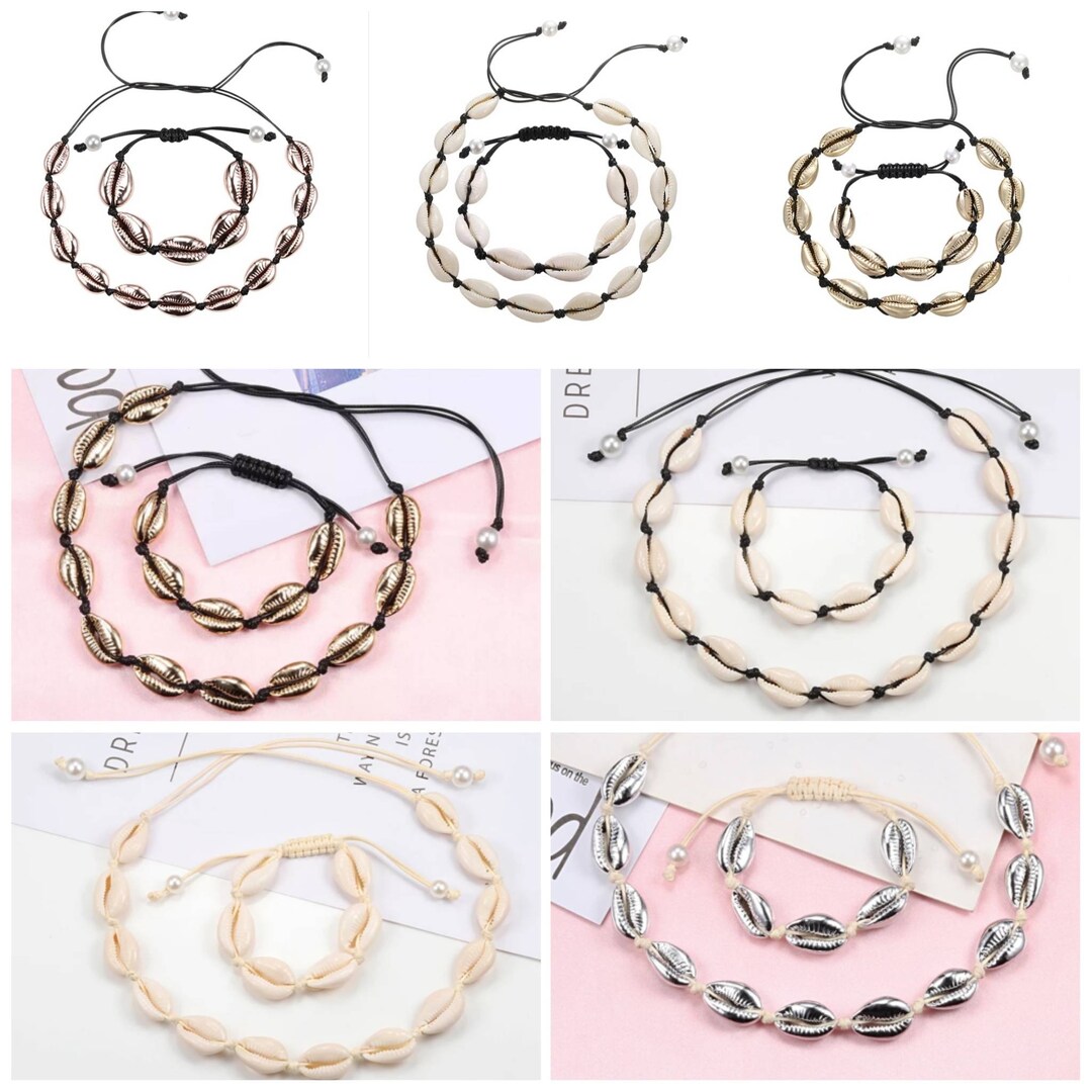 2 Pc/set Natural Shell Bracelet Necklace Bohemian Adjustable Hand Knit ...