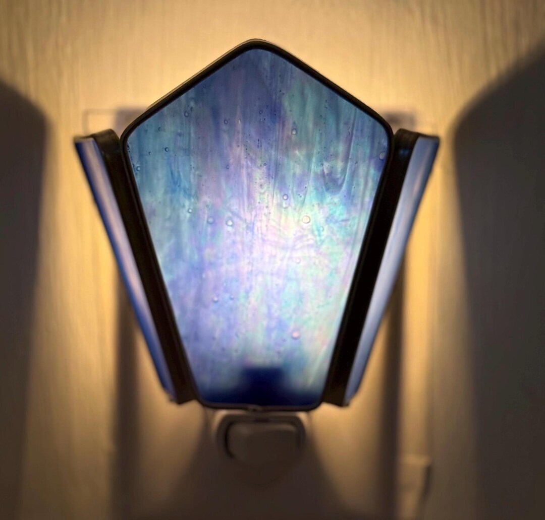 Stained Glass Nightlight - 3 Sided Sconce Style - Iridescent Azure Blue ...