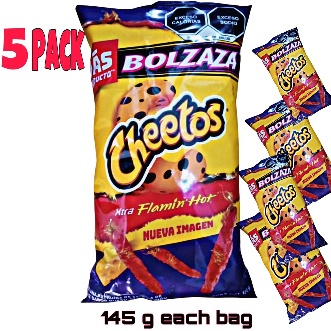 5 Pack, Cheetos Xtra Flaming Hot, Large Size, 145 G Each, Spicy ...