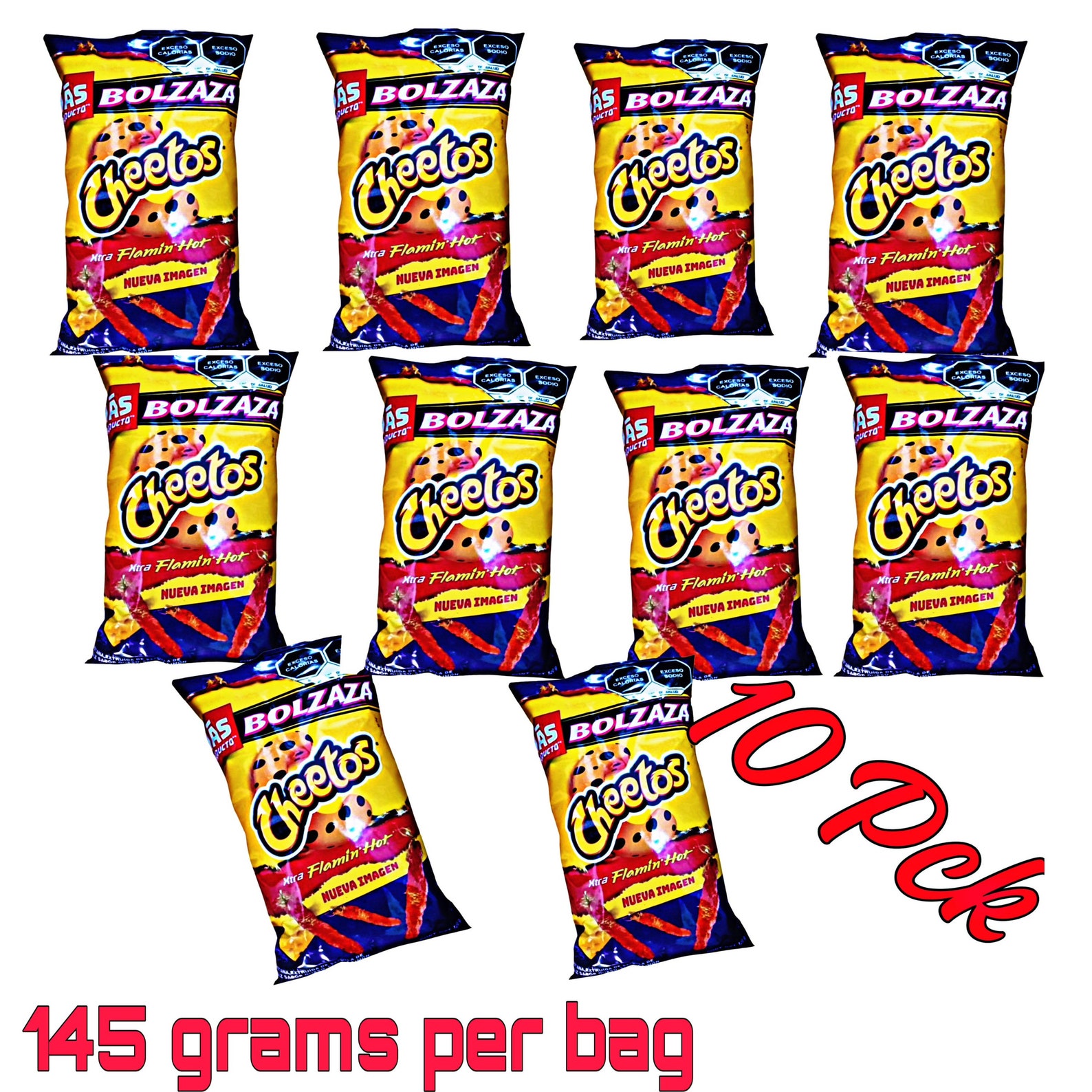 10 Pack, Cheetos Xtra Flaming Hot, Large Size, 145 G Each, Spicy ...