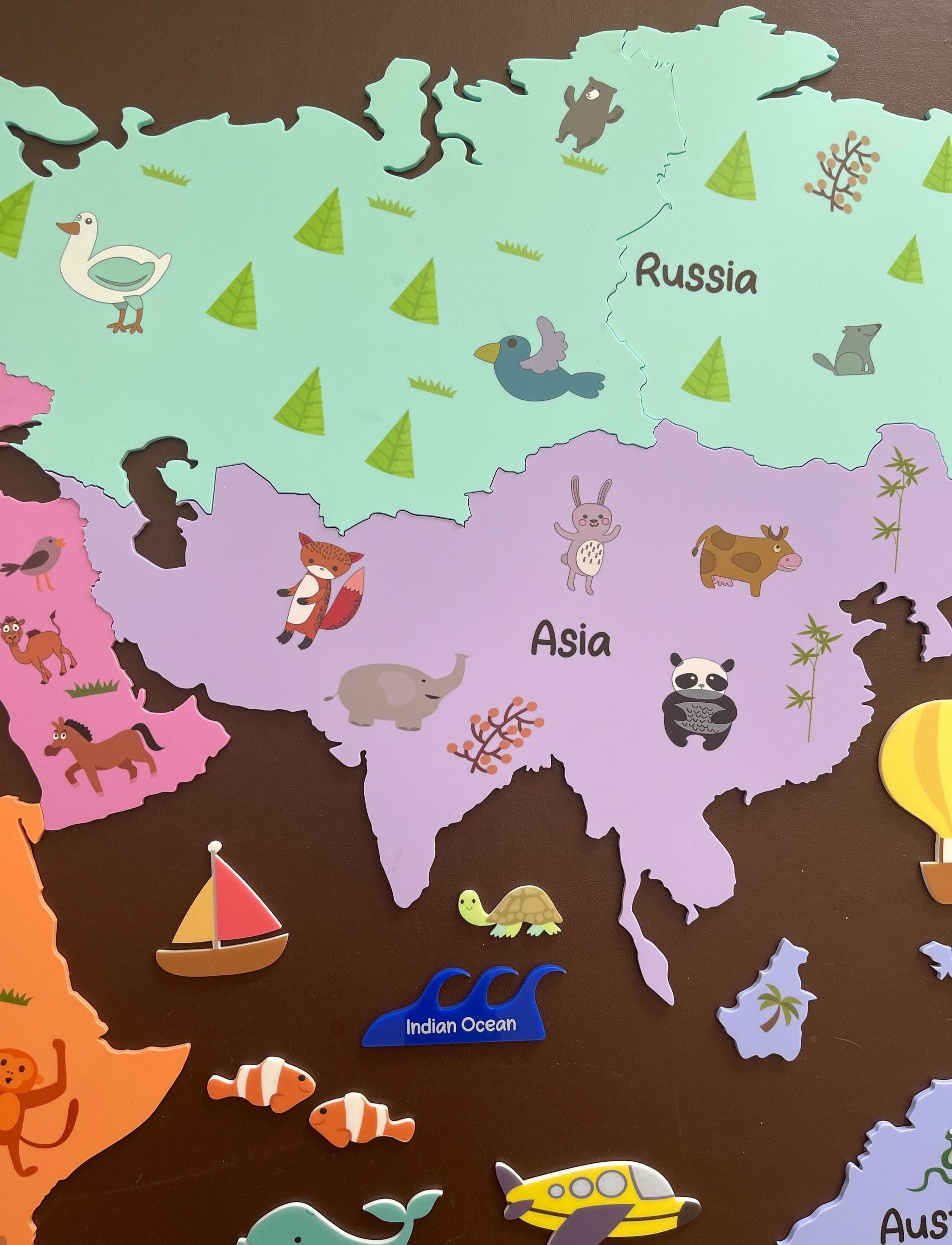 Pastel Acrylic World Map for Kids: Educational Animal Wall Art (1.4m ...
