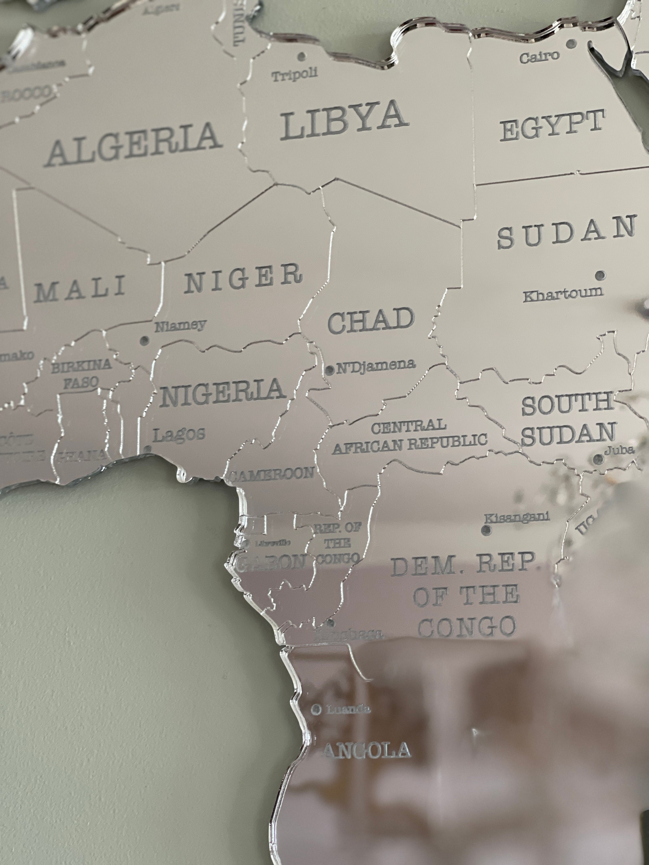 Silver Mirror World Map Wall Art Map of the World - Etsy UK