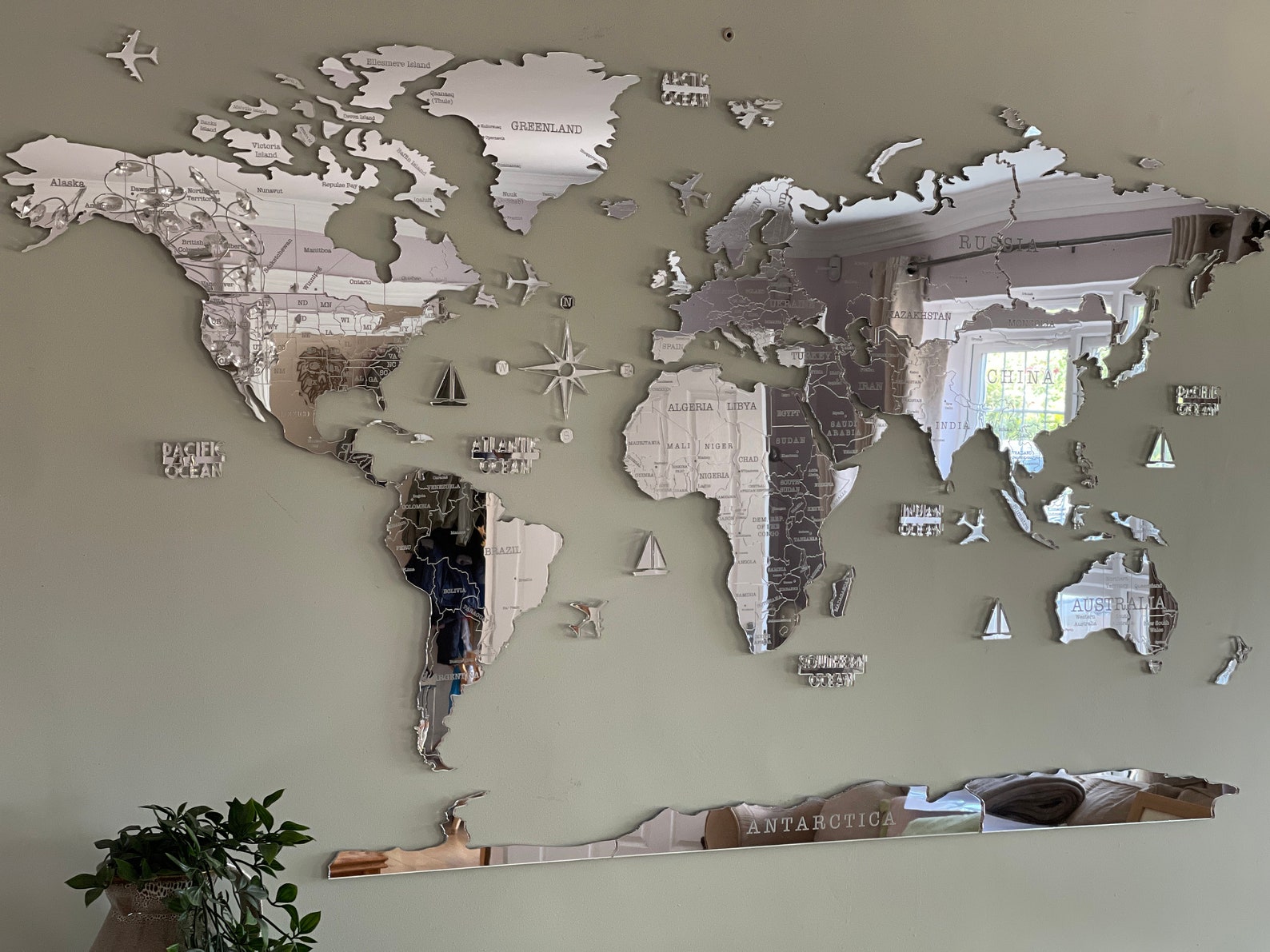Silver Mirror World Map Wall Art Map of the World - Etsy UK