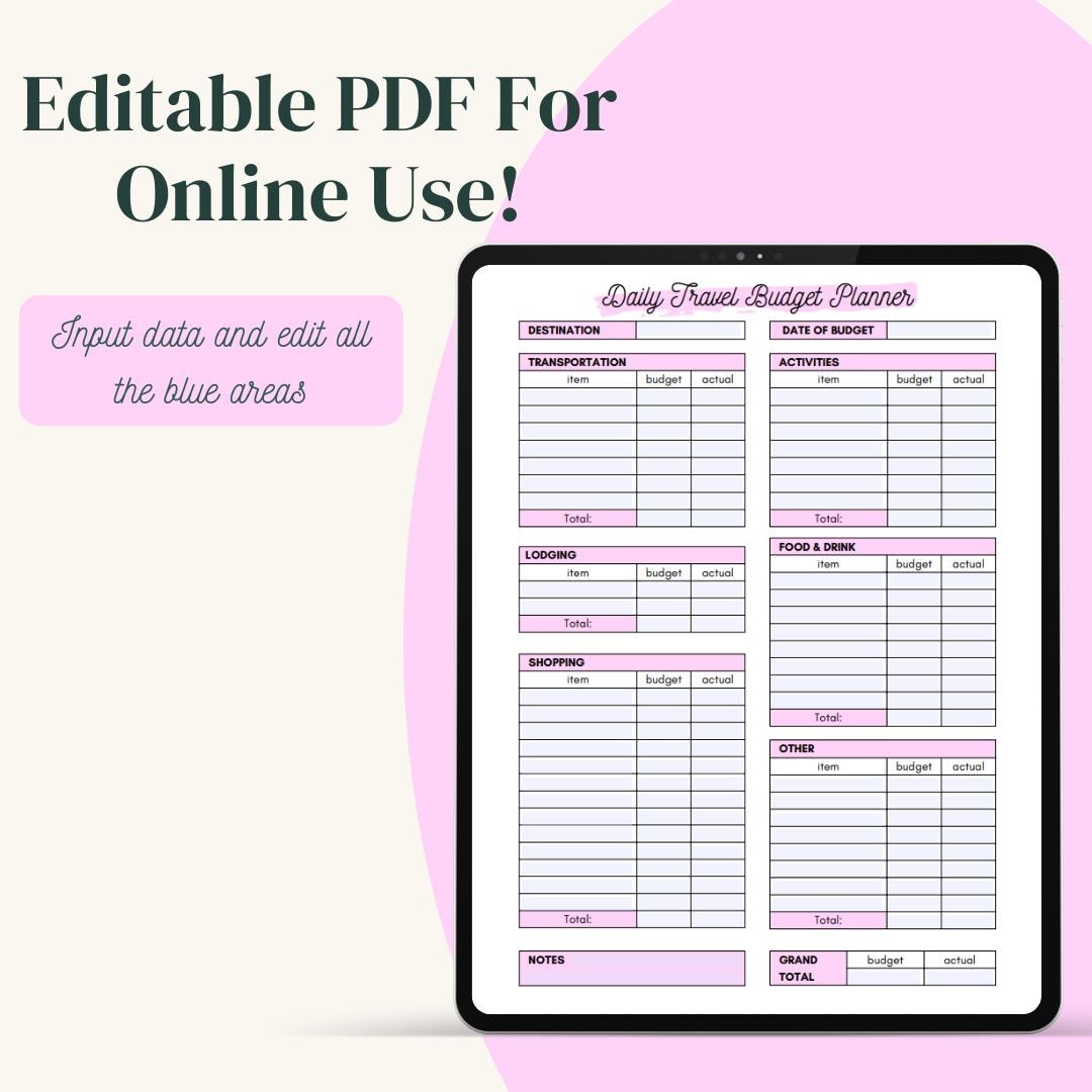 Daily Travel Budget Planner, Digital Download Budget Planner for ...
