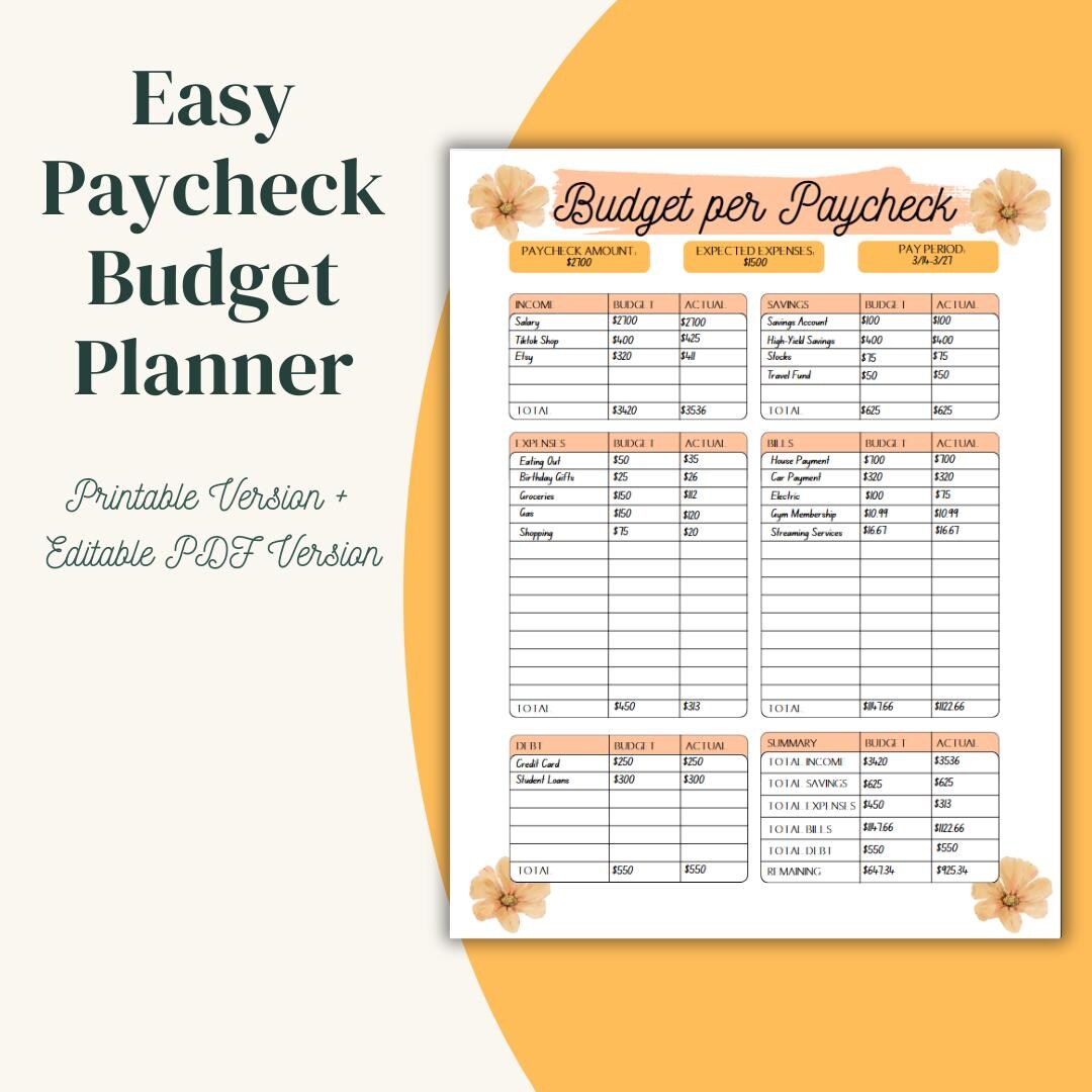 Paycheck Budget Planner, Paycheck Budget Planner Orange, Editable and ...