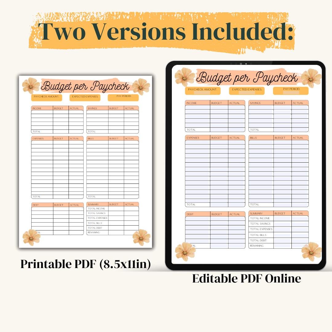 Paycheck Budget Planner, Paycheck Budget Planner Orange, Editable and ...