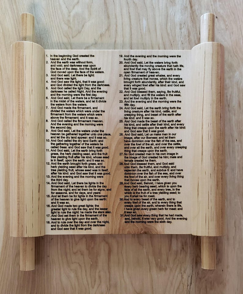 Wooden Scroll With Genesis Chapter 1 Laser Engraved Between the Rolls ...